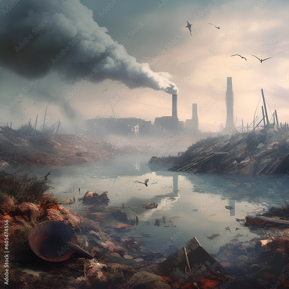 pipes with smoke on the background of destruction.black birds.man-made ...