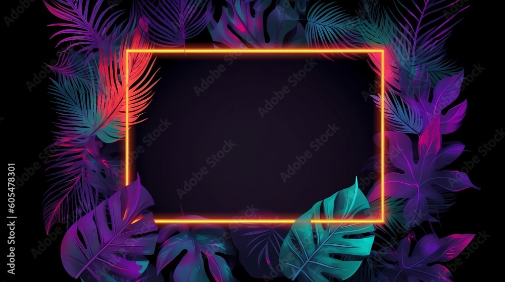 Black background with a rectangular neon frame with tropical leaves ...