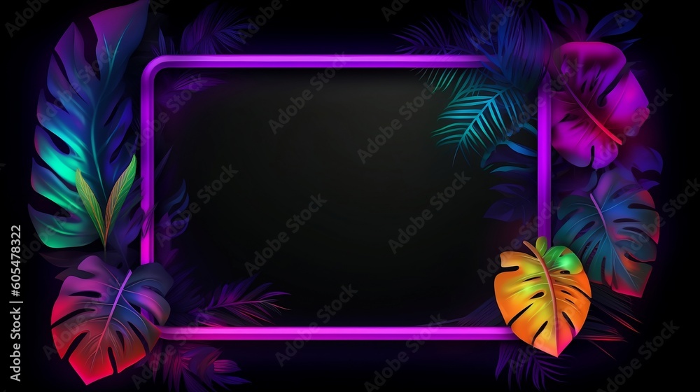 Black background with a rectangular neon frame with tropical leaves ...