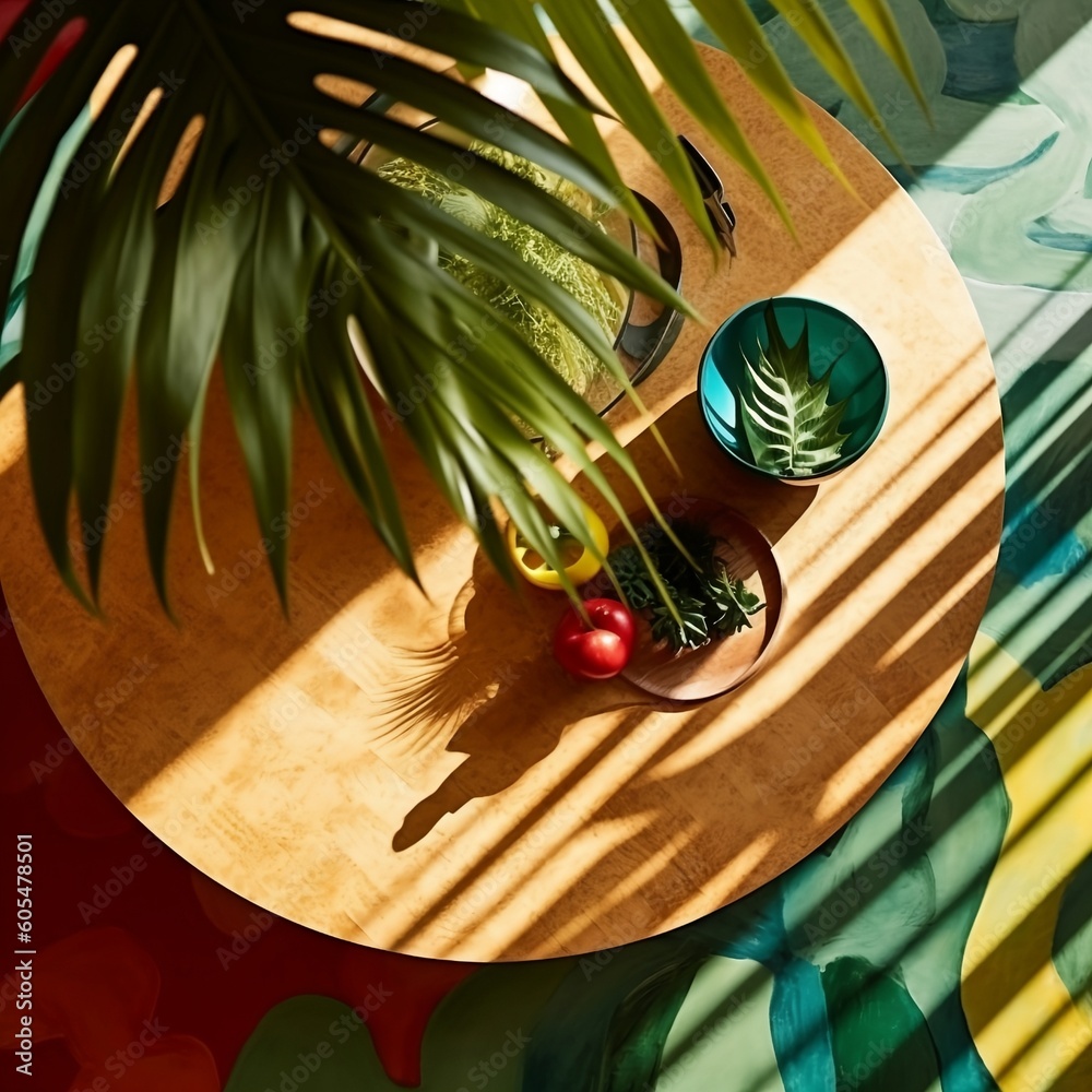 Top view wooden table with shadows of palm leaves and palm leaves and ...