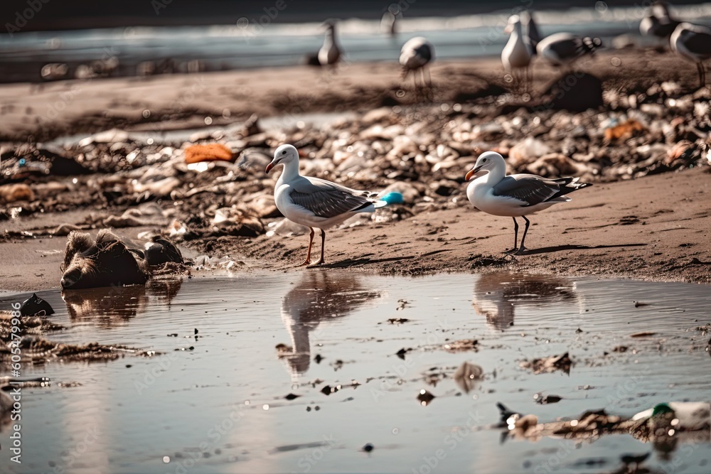 Ocean and water pollution. pollution at a beach, shoreline covered in ...