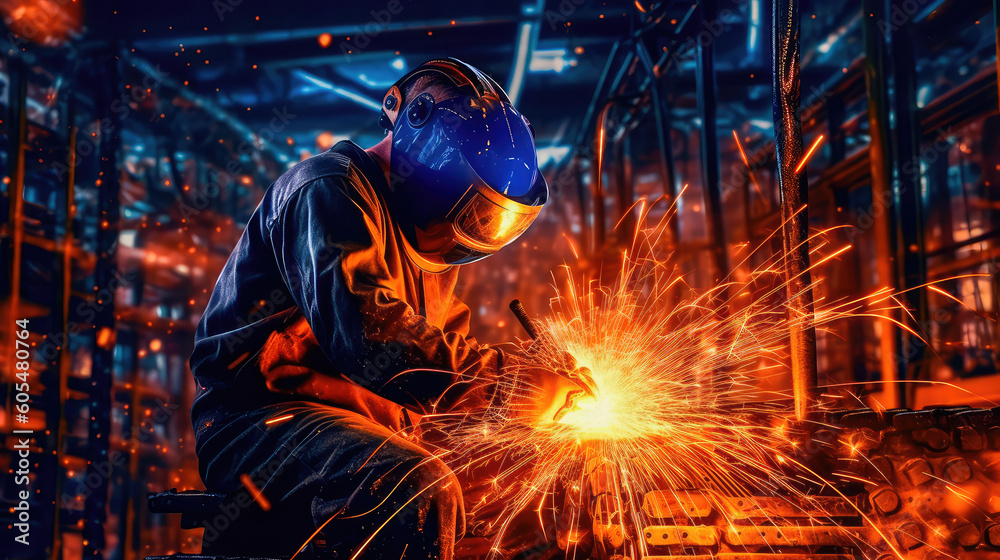 The welder is dressed in appropriate protective equipment for welding ...