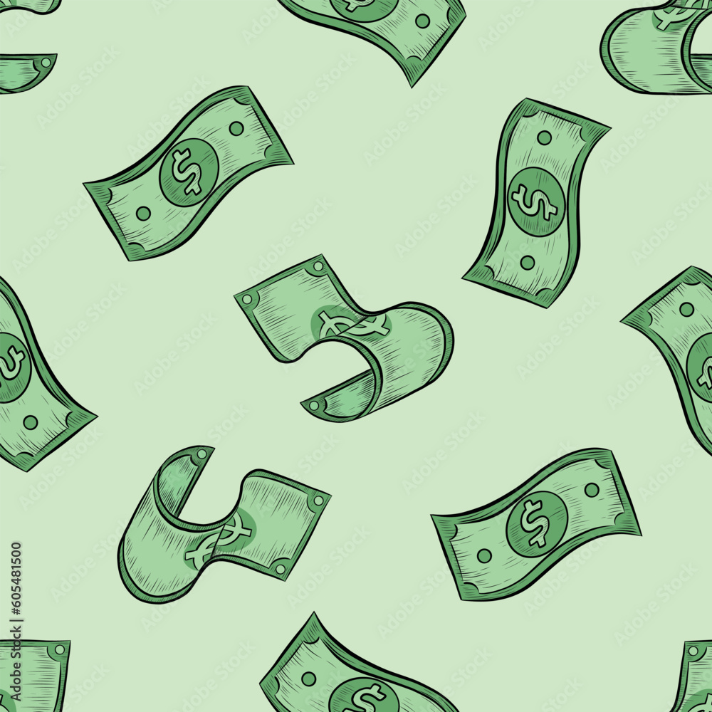 Vector Vintage Hand Drawn Dollars Seamless Pattern USA Dollar Texture ...