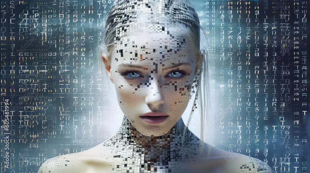 Fragmented female figure with cryptic background. Data and AI generated ...