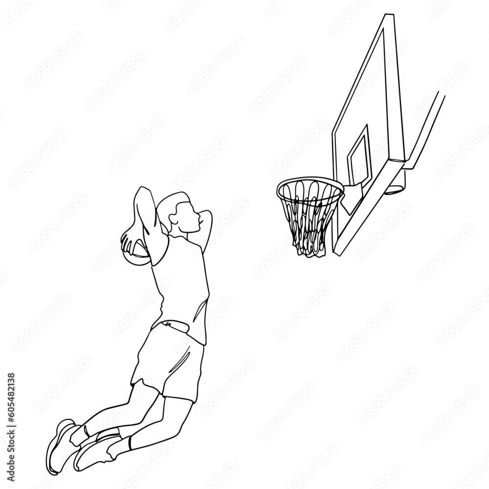 Male basketball player jumping to throw ball in basketball hoop linear ...