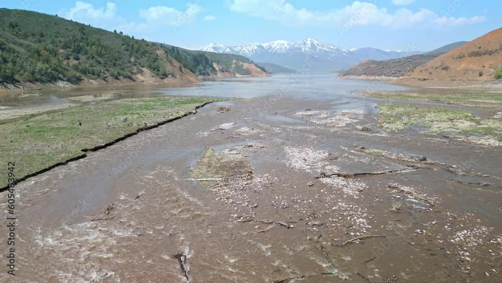 Flying over the Provo River as the water flows into Jordanelle during ...