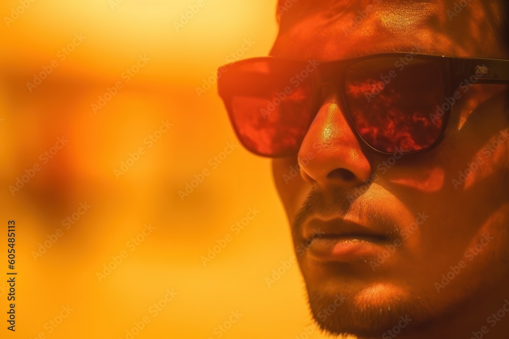 man face close up suffering from extreme hot weather and heatwave in ...