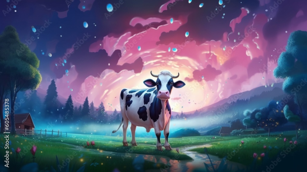 Dairy cow cow grazed in the night meadow, cartoon drawing of cattle ...