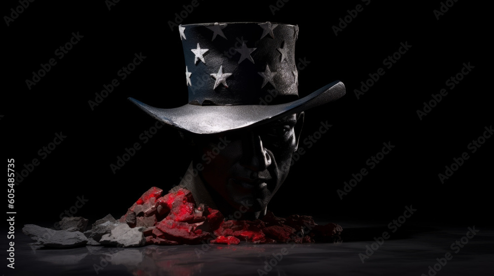 The dark silhouette of a cowboy's head with blood on his hat, the ...