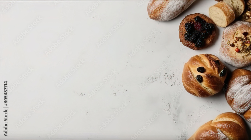 minimalistic background with bread and buns, bakery products, top view ...