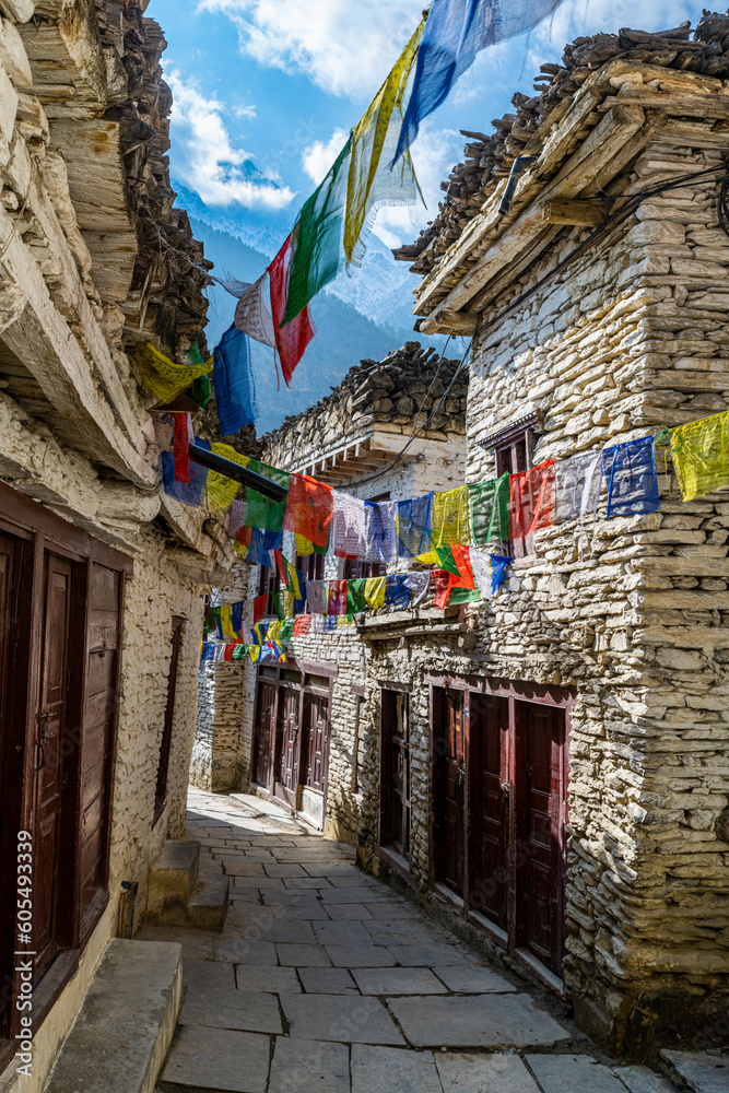 Historical village of Marpha and prayer flags, Jomsom, Himalayas, Nepal ...