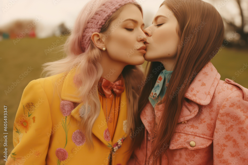 Lgbtq Two Young Women Lesbian Bisexual Couple Kissing On Pride Month With Rainbow Coloured
