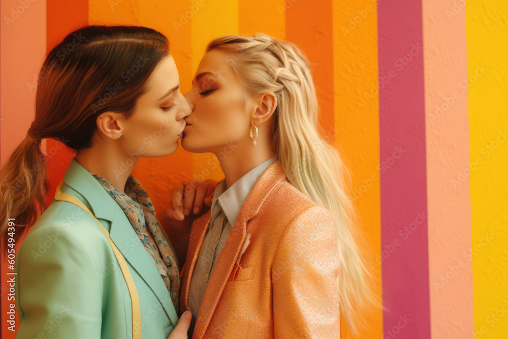 Lgbtq Two Women Lesbian Bisexual Couple Kissing On Pride Month With Rainbow Coloured Details