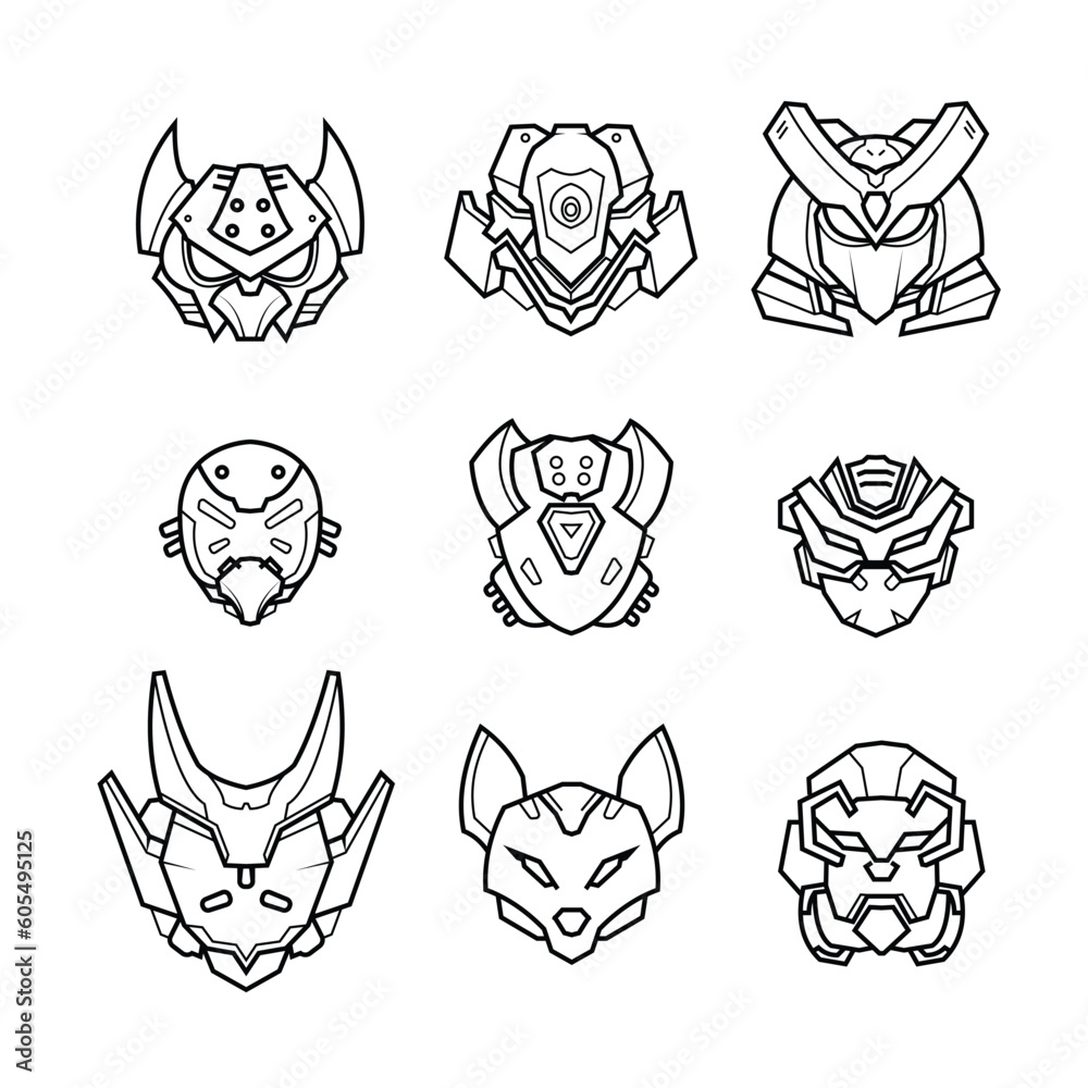 Mecha logo icon vector line art outline monoline illustration pack ...