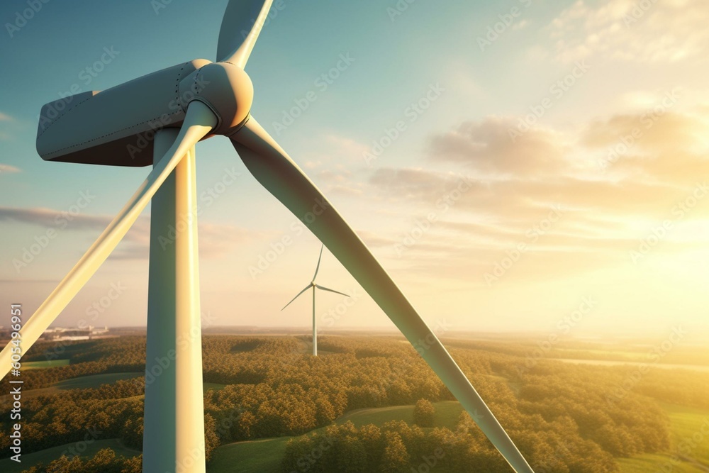 Renewable energy wind power plant with turbines in industrial green ...