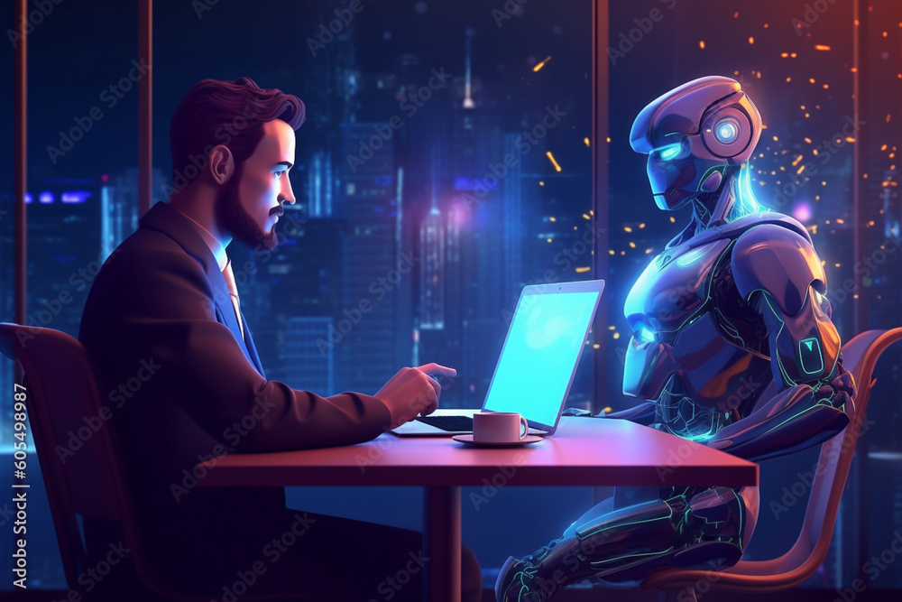 Humanoid cyborg robot and business man working on laptop, concept of machine learning, chat GPT ...