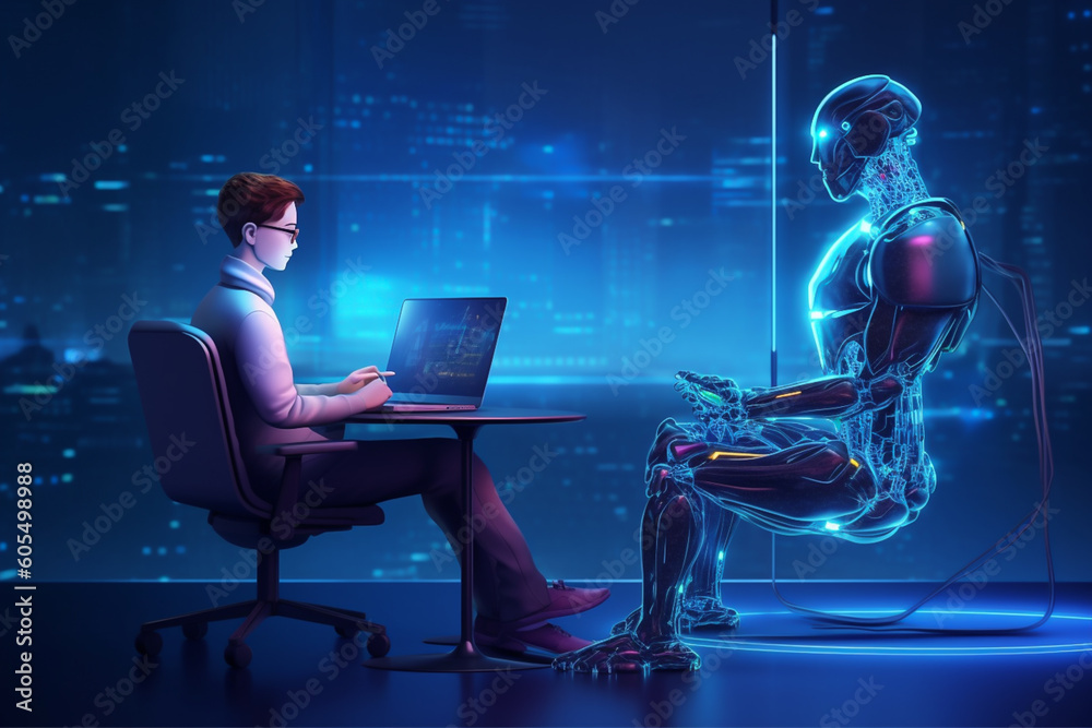 Humanoid cyborg robot and business man working on laptop, concept of machine learning, chat GPT ...
