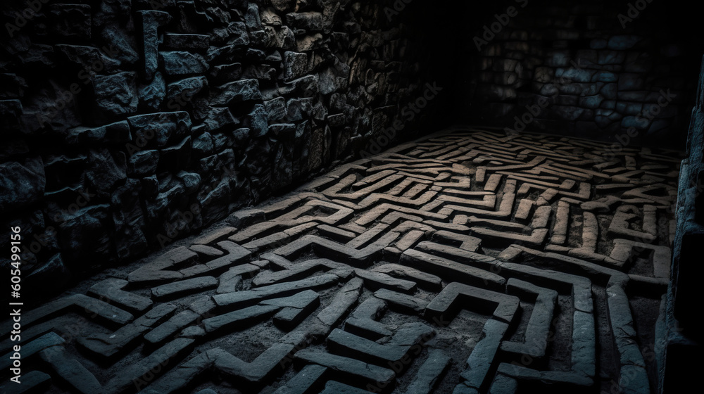 Tangled maze in dark background. Render of a labyrinth in the middle of ...