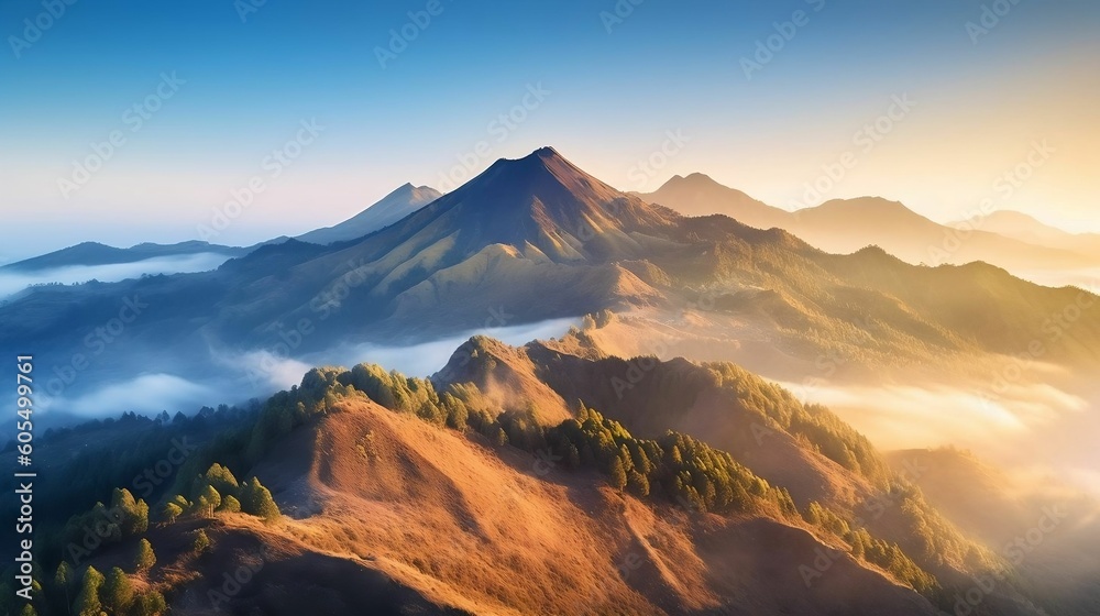 Misty morning light in volcano island mountain landscape. National park ...