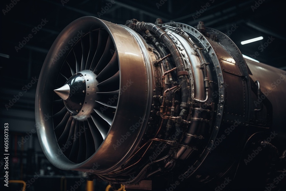 Perspective view of a turbine engine on an aircraft creating thrust ...