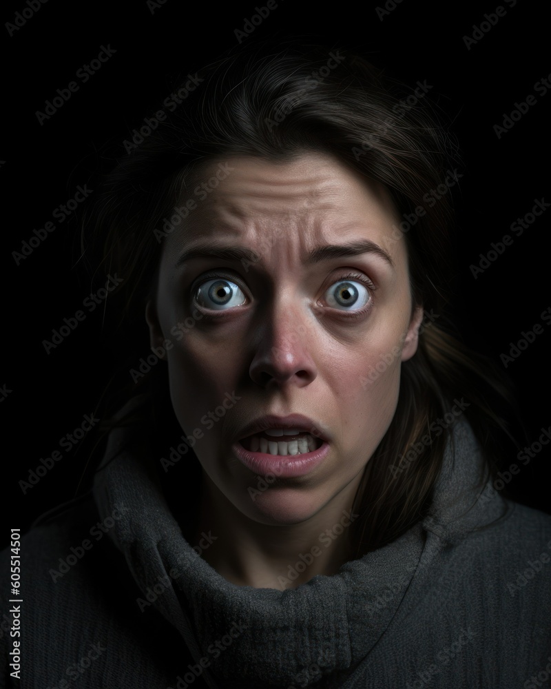 Scared woman facial expression. Terrified person isolated on black background. Generative AI ...