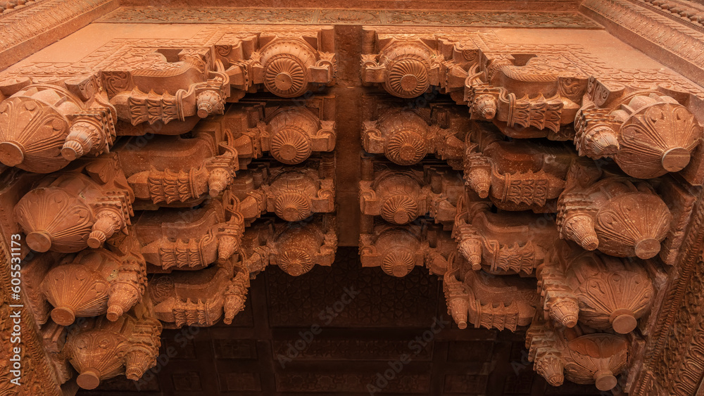 Details of ancient Indian architecture. The sandstone arch of the vault ...