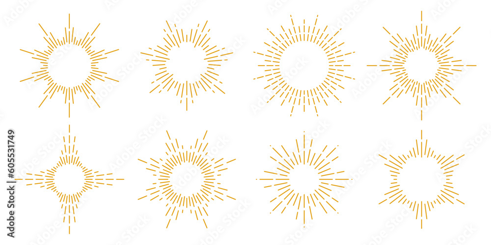 Golden sunburst frames collection. Retro gold sun light rays pack ...