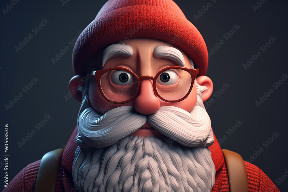 Portrait of bearded gray-haired funny Santa Claus in red glasses and ...