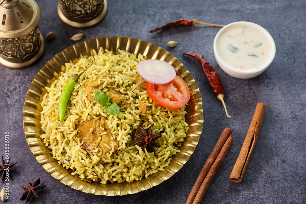 Chicken biryani Spicy Indian Malabar biryani Hyderabadi biryani Dum ...