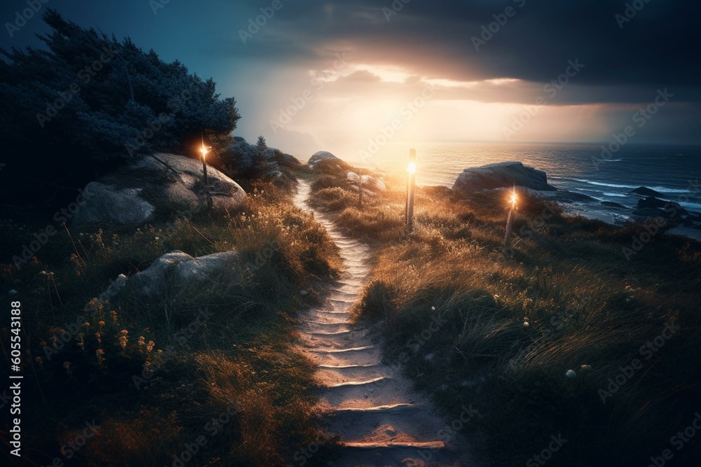 Path to eternity with bright light glowing from horizon, signifying an ...