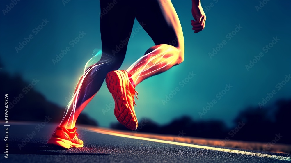 Concept of calf pain, runner's legs with a highlighted area indicating ...