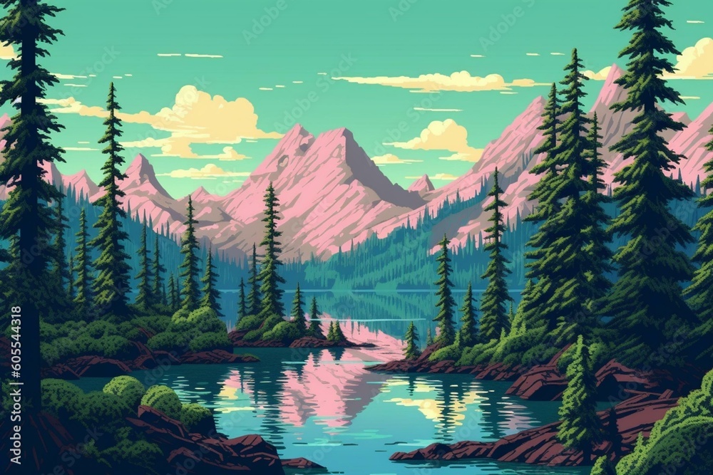 Retro pixel art scenery of trees, lake, and mountains in vibrant 80s ...