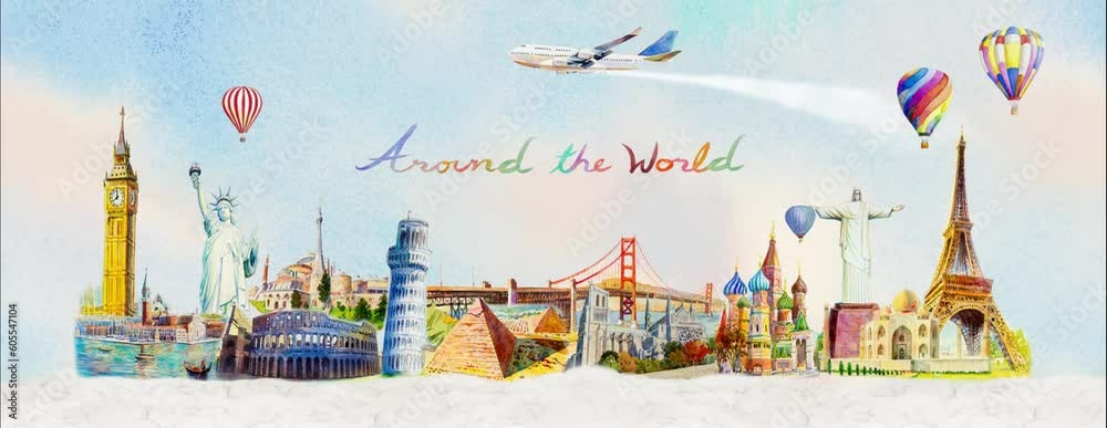 Travel around the world in animation with airplane and hot air balloons ...