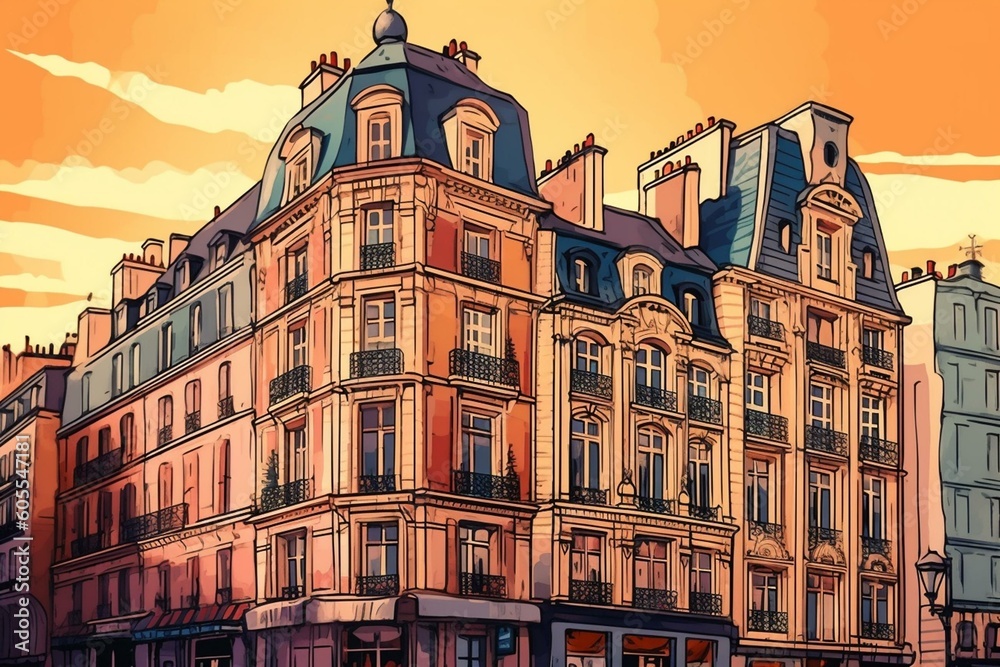 Cartoon illustration of French buildings and architecture. Generative ...