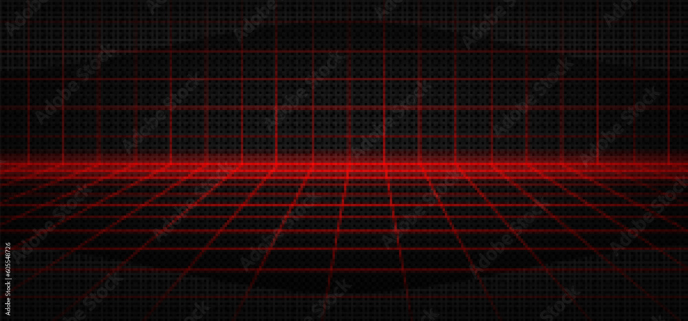 Red laser grid cyber newretrowave 3d background. Neon digital room with ...