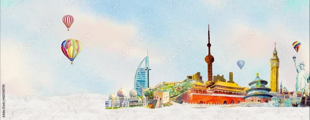 Vidéo Stock Landmark painting animation travel famous landmarks of the ...