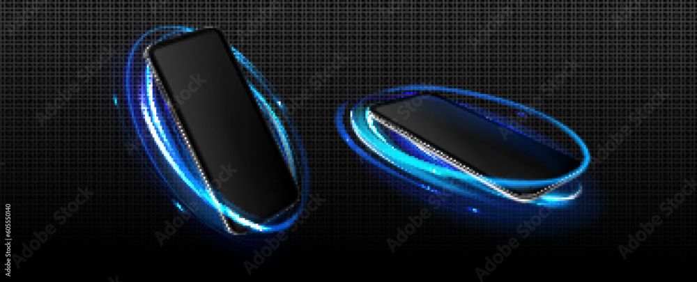 Realistic set of 3D smartphones with neon light effect isolated on ...