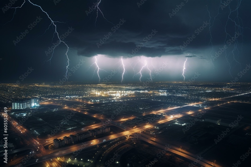 Electric storm in dark skies, representing extreme weather conditions ...