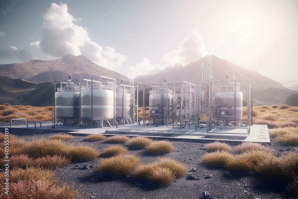 Hydrogen energy storage plant with solar and wind system, set against ...