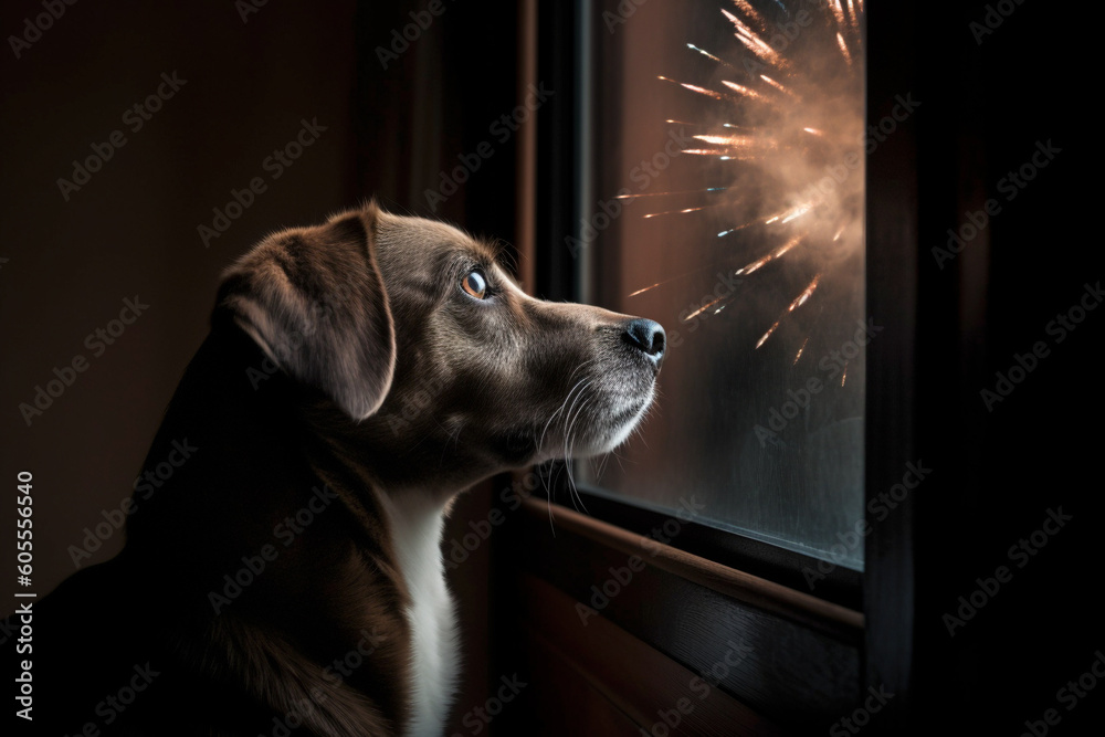 Dog watching fireworks through window. Stock Illustration | Adobe Stock