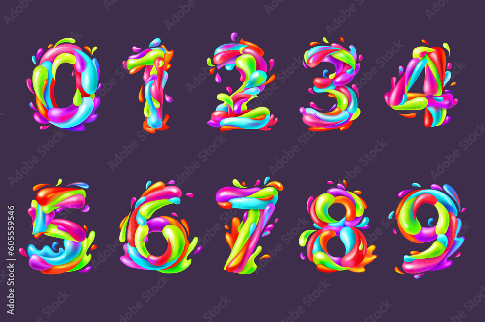 Colored 3d cartoon numbers. Vector set of 0-9 digit figure. Bright ...