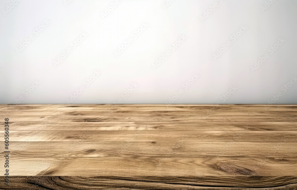 Empty wooden table over white wall background, for product display ...