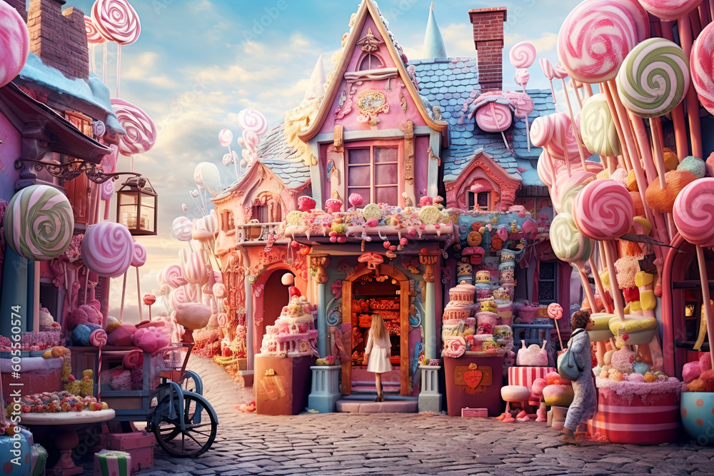 Cartoon fantastic candy land landscape with sweet castle. Generative AI ...