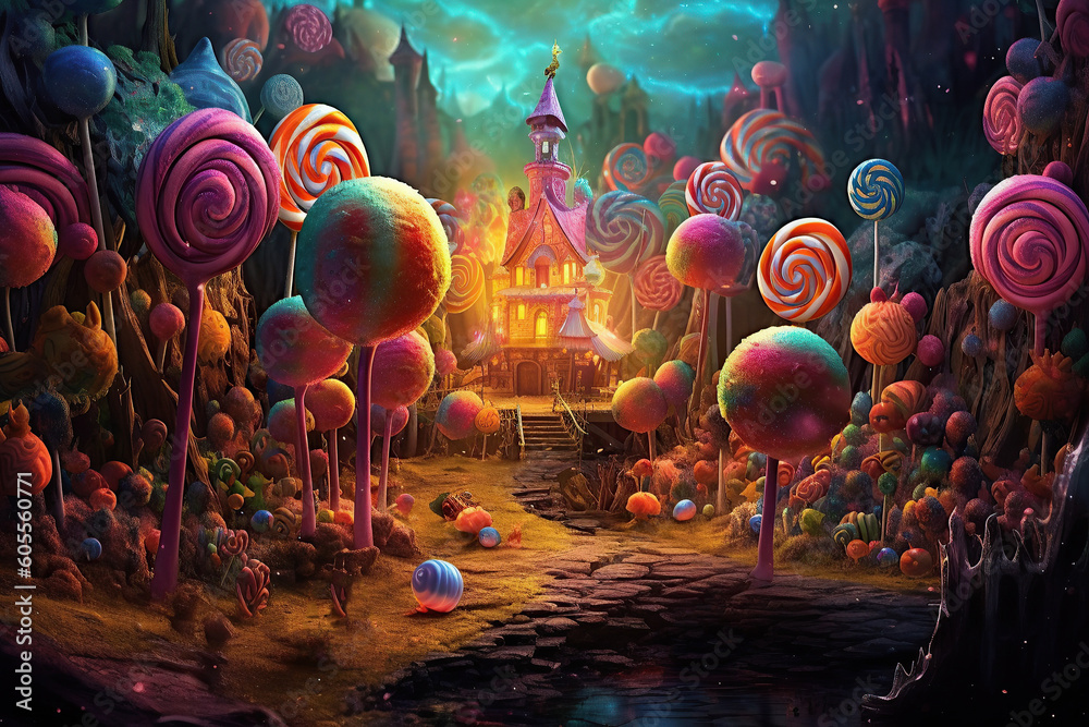 Cartoon fantasy landscape of candyland. Generative AI illustration with ...