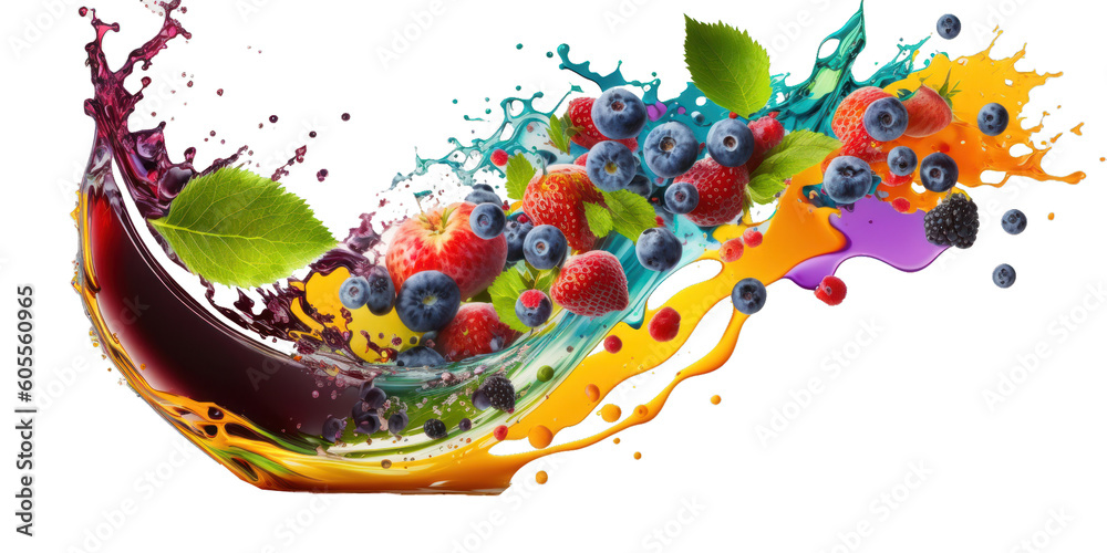 explosion of berries and fruit juice flavors on transparent background ...