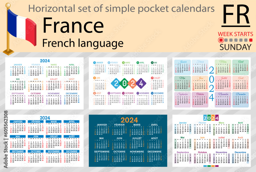 French horizontal set of pocket calendar for 2024. Week starts Sunday ...