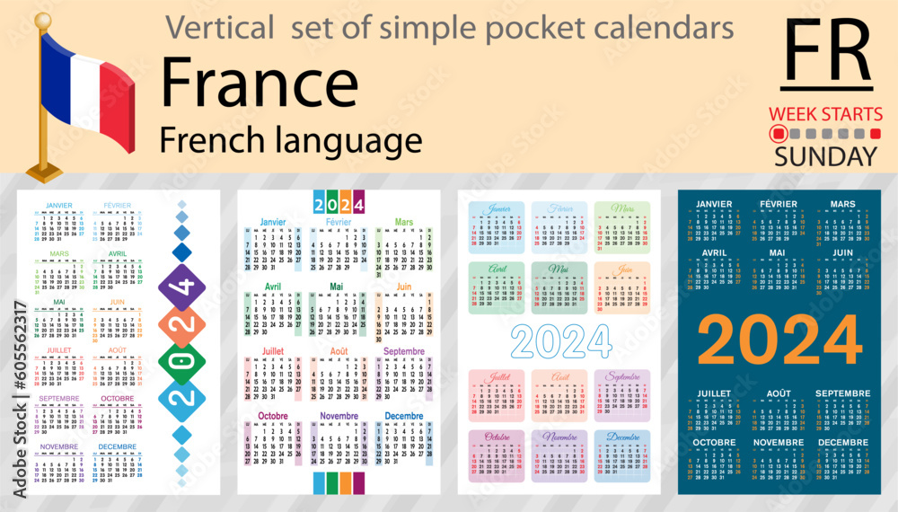 French vertical set of pocket calendar for 2024. Week starts Sunday ...