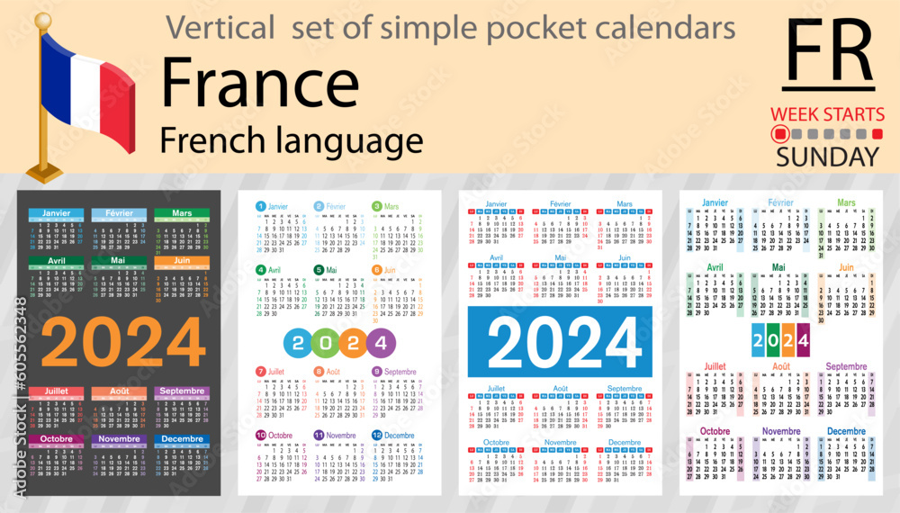 French vertical set of pocket calendar for 2024. Week starts Sunday ...