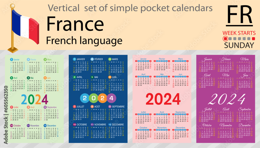 French vertical set of pocket calendar for 2024. Week starts Sunday ...