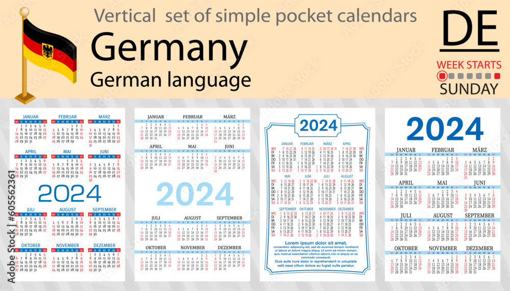 Vetor de German vertical set of pocket calendar for 2024. Week starts ...